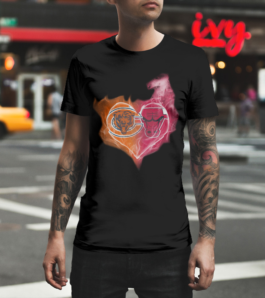 Chicago Bears And Chicago Bulls Heart Flames T-Shirt