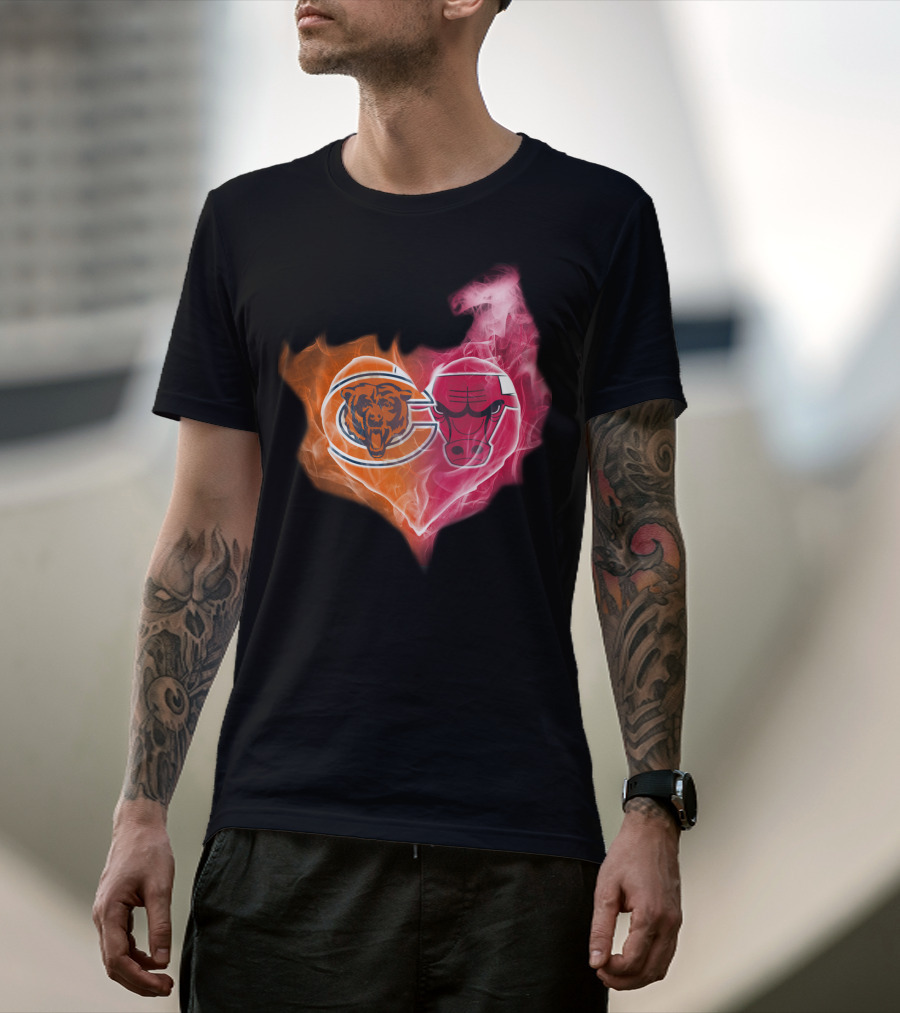 Chicago Bears And Chicago Bulls Heart Flames T-Shirt