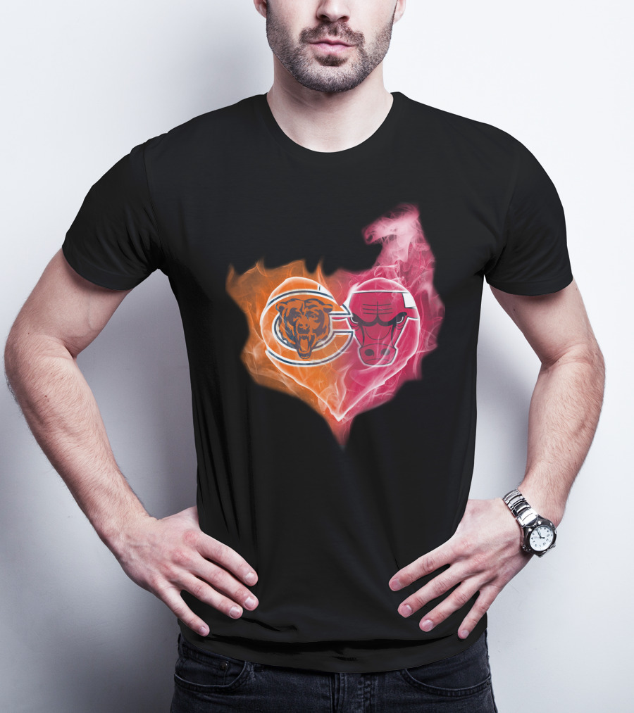 Chicago Bears And Chicago Bulls Heart Flames T-Shirt