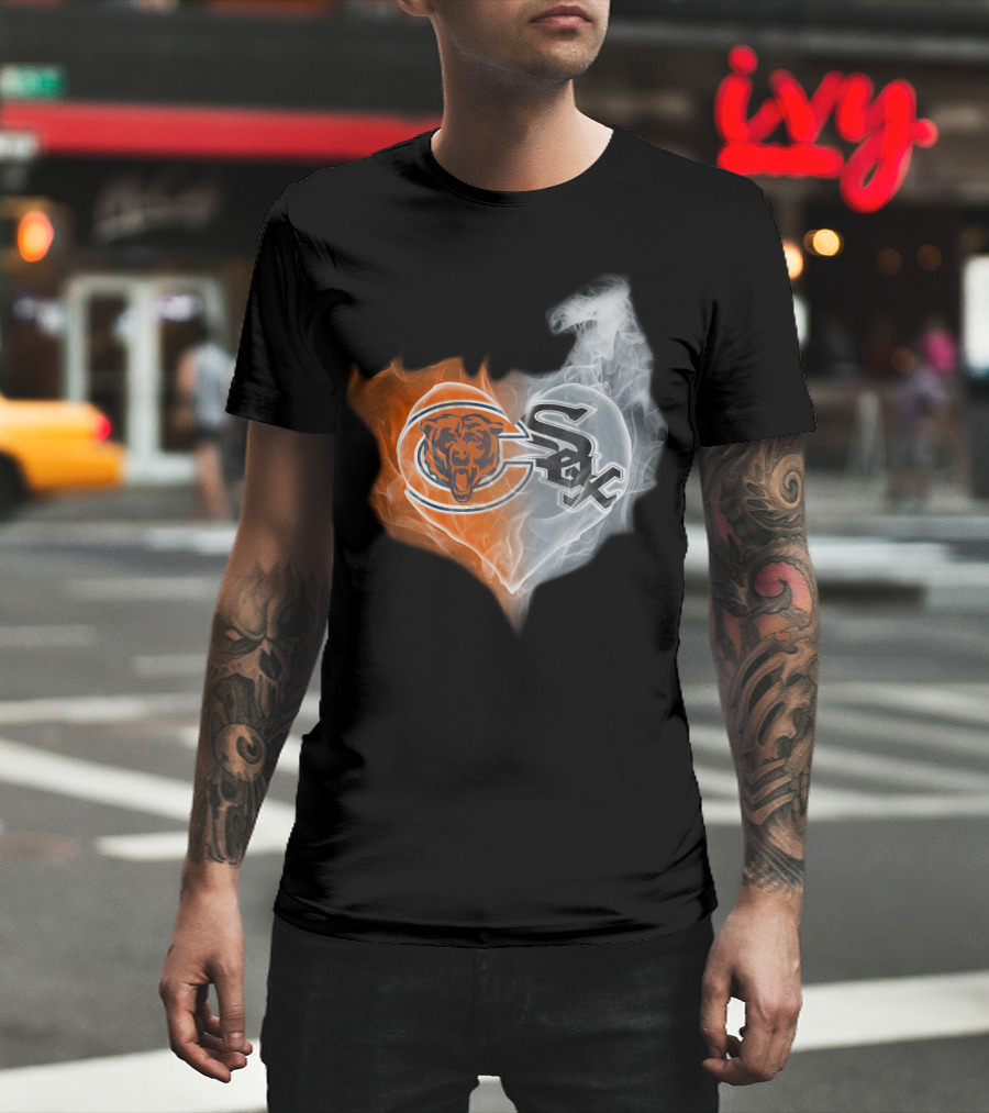 Chicago Bears And White Sox Logos United In Heart-Shaped Smoke T-Shirt