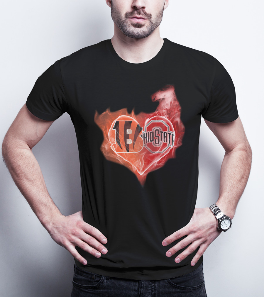 Cincinnati Bengals Ohio State Buckeyes Fire Heart T-Shirt