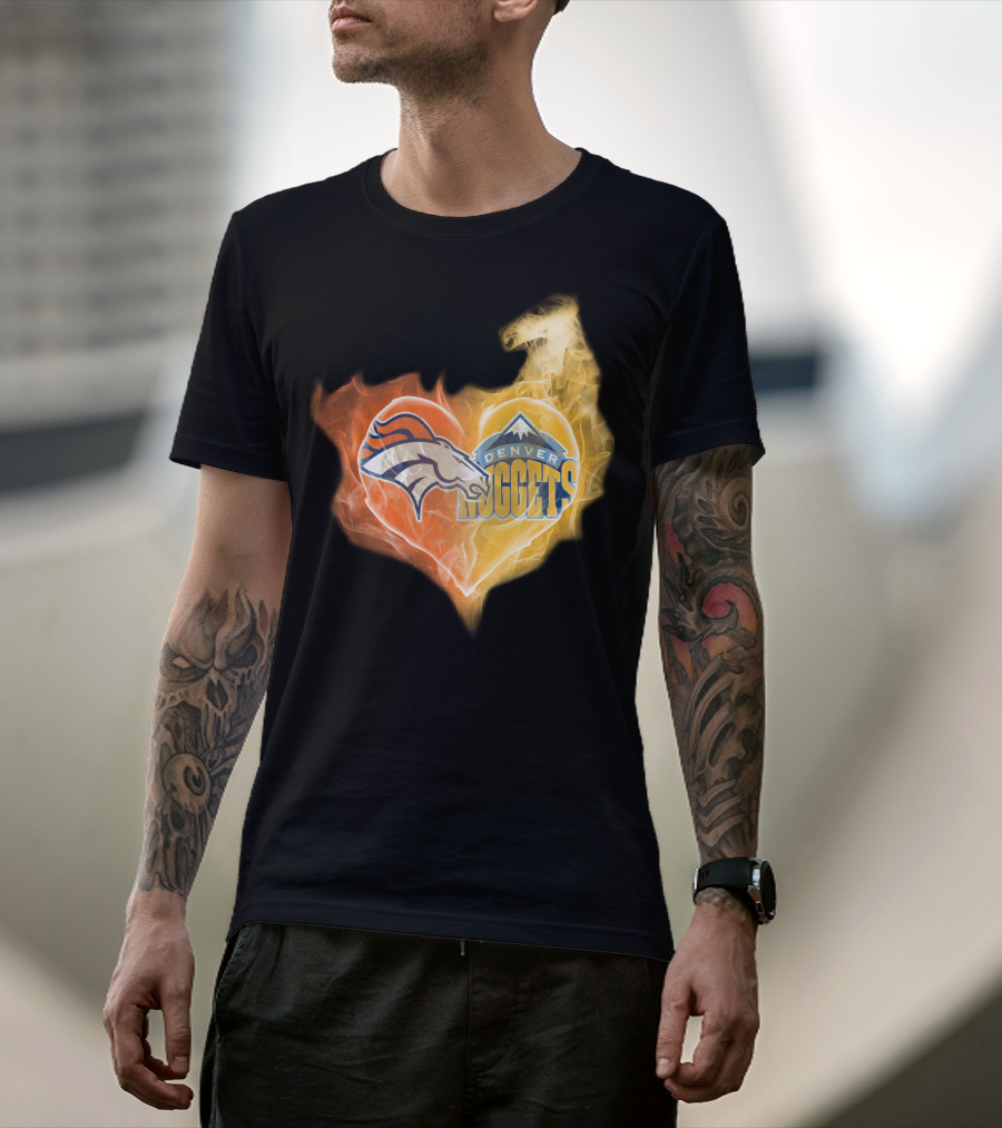 Denver Broncos Denver Nuggets Heart Flame T-Shirt