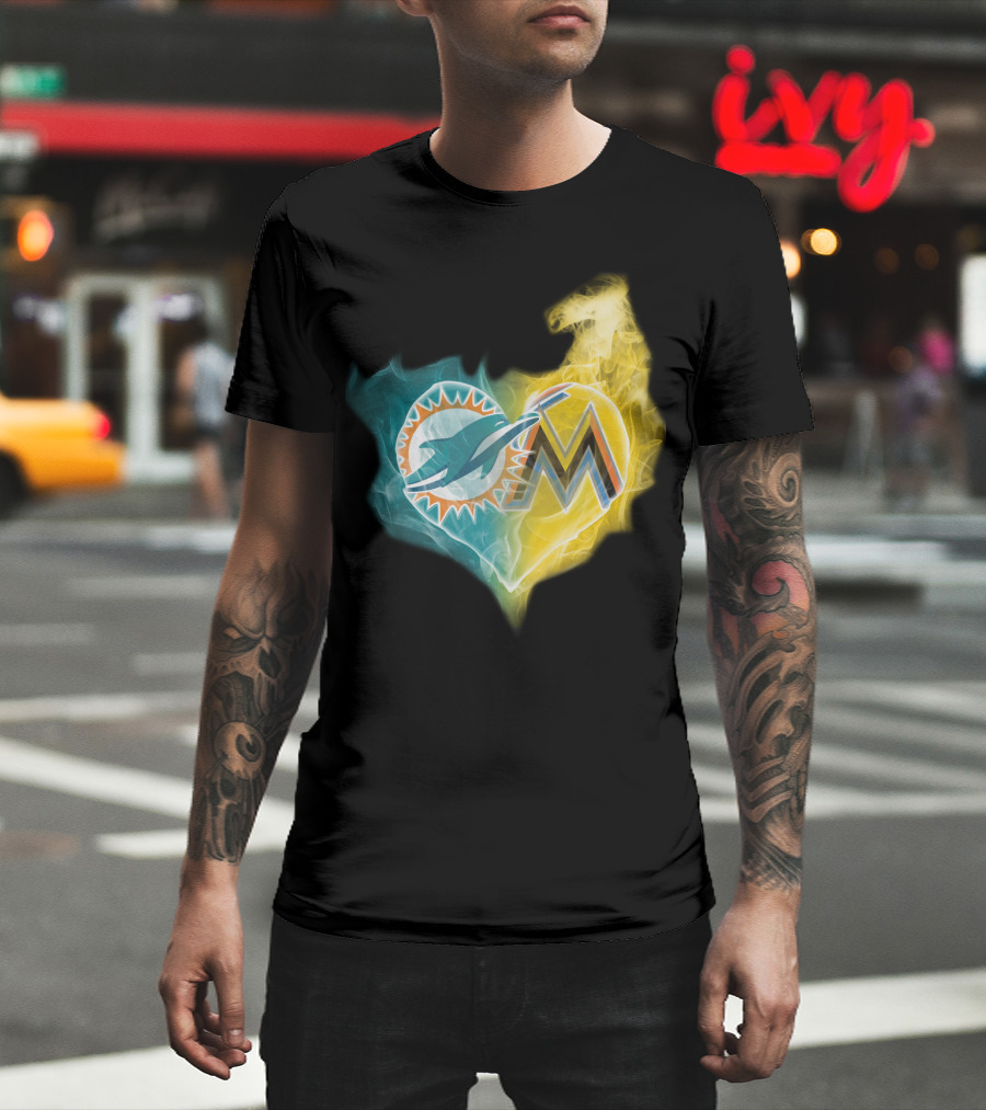Miami Dolphins Miami Marlins Heart Fusion T-Shirt