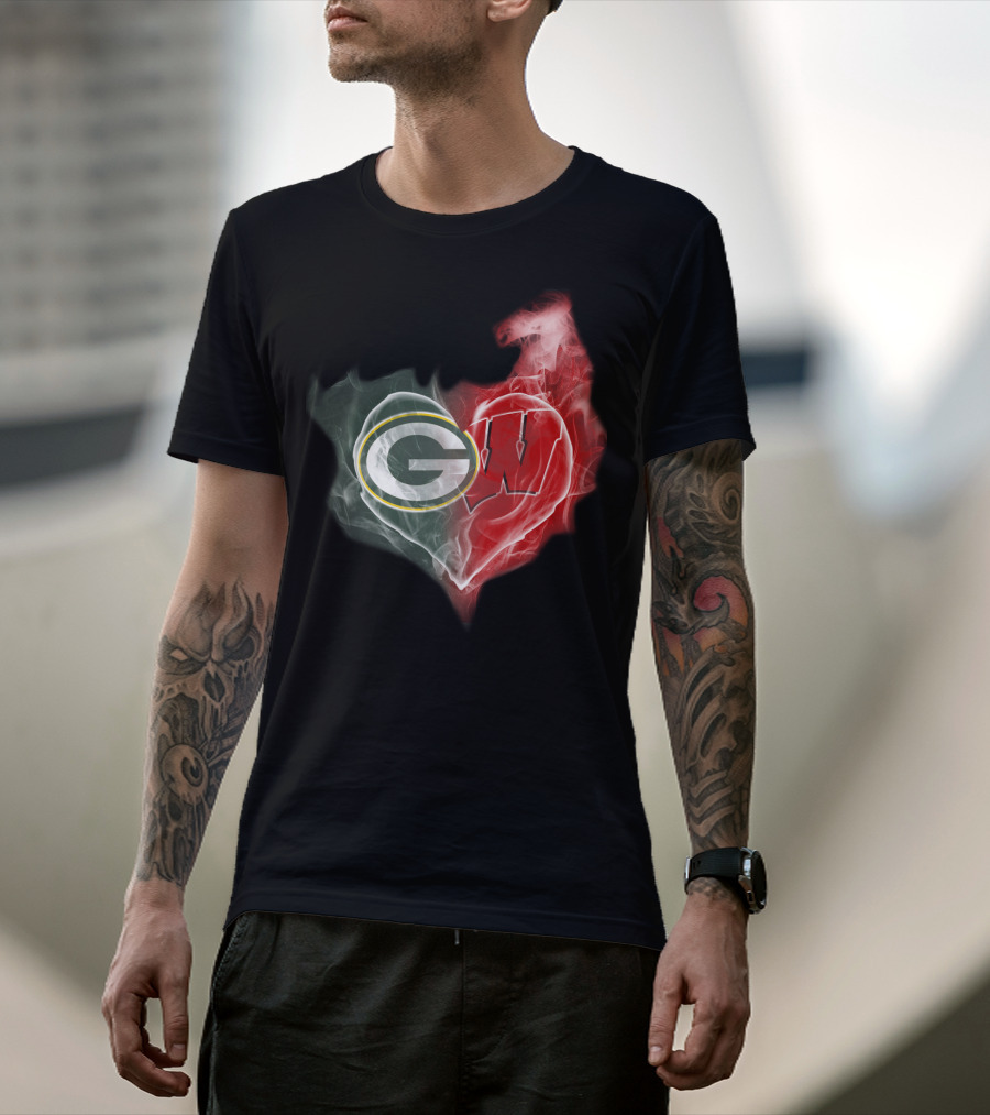 Green Bay Packers Wisconsin Badgers Heart Smoke T-Shirt
