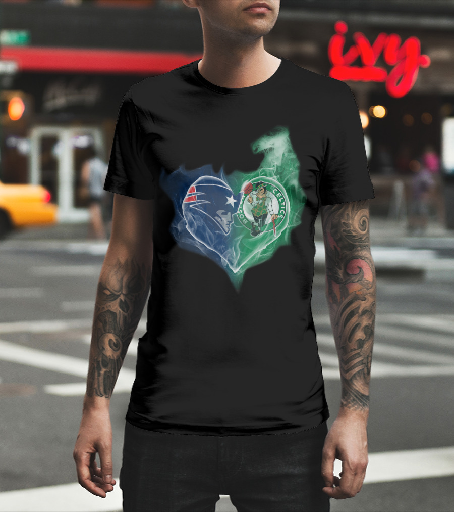 New England Patriots Boston Celtics Heart Smoke Fusion T-Shirt