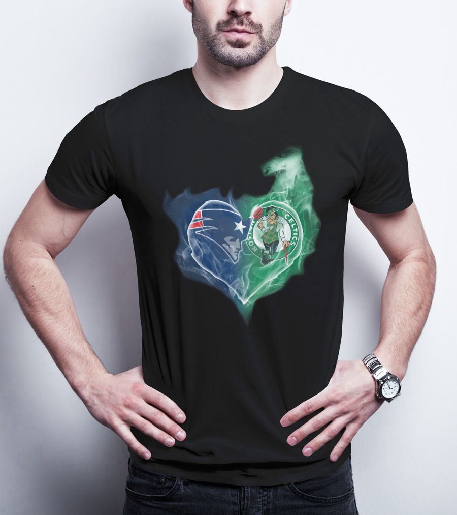 New England Patriots Boston Celtics Heart Smoke Fusion T-Shirt