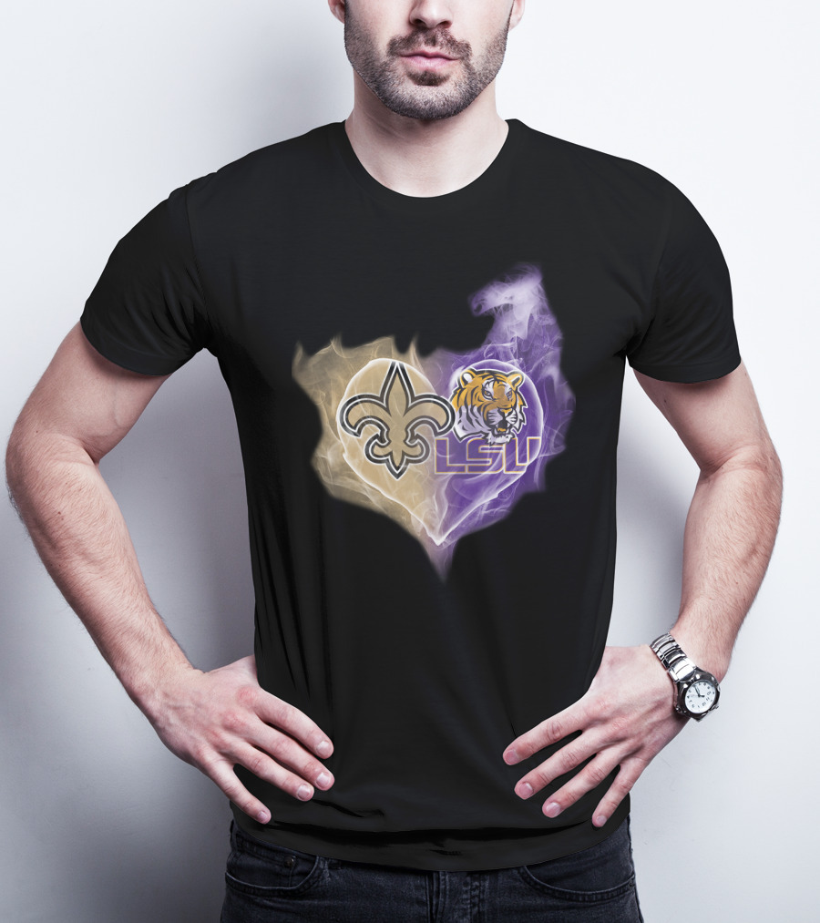 New Orleans Saints Fleur-De-Lis And Lsu Tigers Logo Heart T-Shirt
