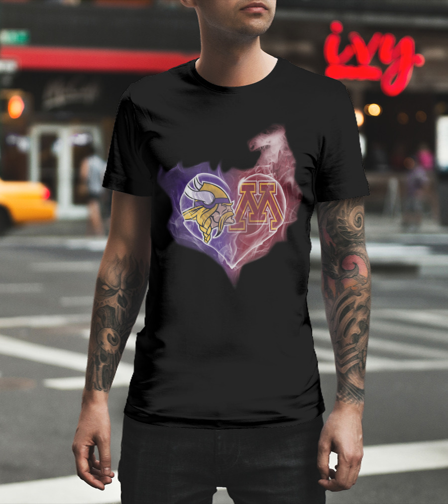Minnesota Vikings And Golden Gophers Heart Logo Fusion T-Shirt