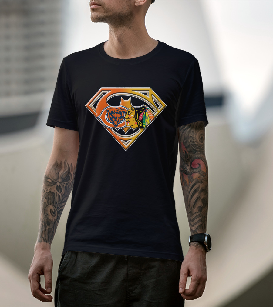 Chicago Bears And Blackhawks Super Logo Fusion Bat 006 T-Shirt