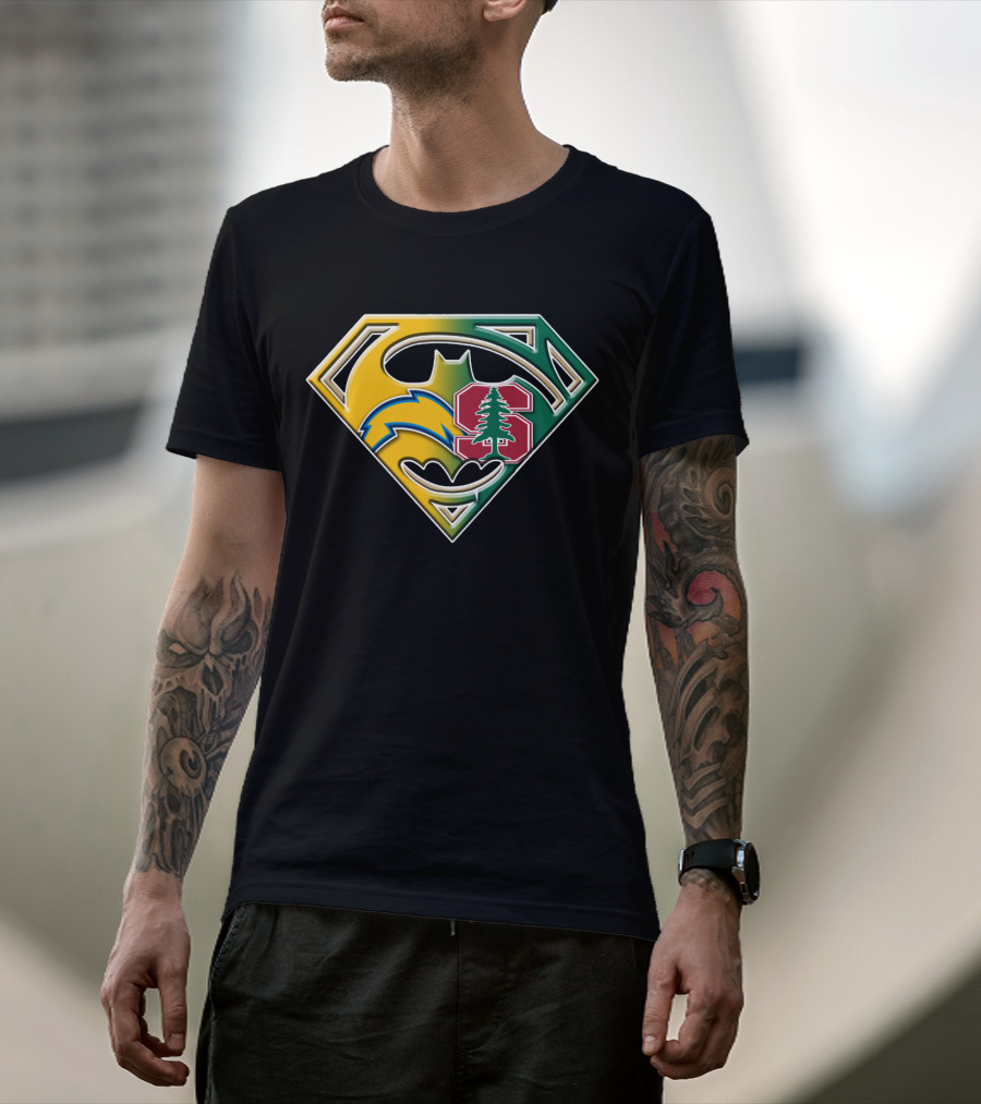 Los Angeles Chargers And Stanford Cardinal Bat Superman Logo Fusion T-Shirt