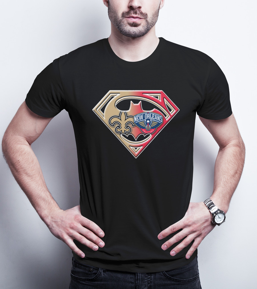 New Orleans Pelicans Saints Superman Batman Fleur De Lis Logo Bat 109 T-Shirt