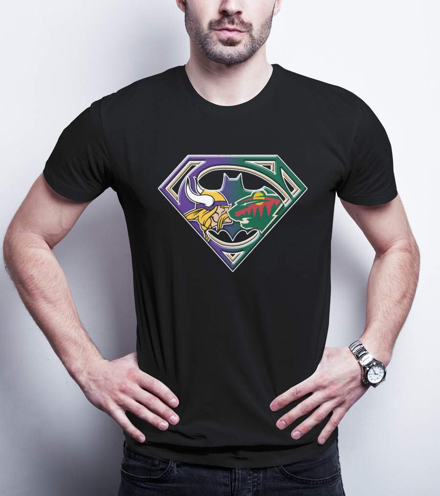 Batman Superman Minnesota Vikings And Wild Logo Fusion T-Shirt