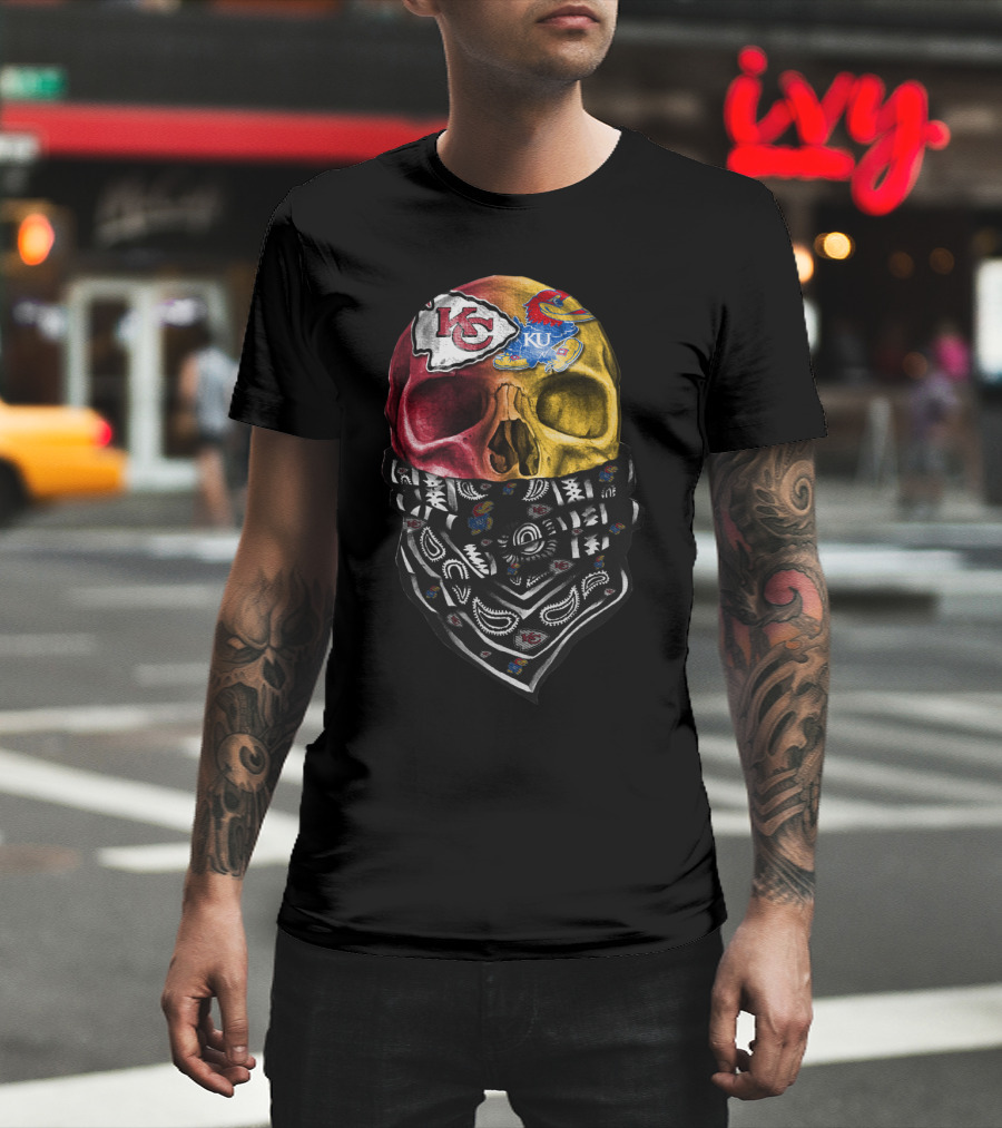 Kc Chiefs Ku Jayhawks Skull Bandana T-Shirt