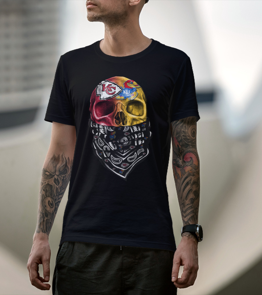 Kc Chiefs Ku Jayhawks Skull Bandana T-Shirt