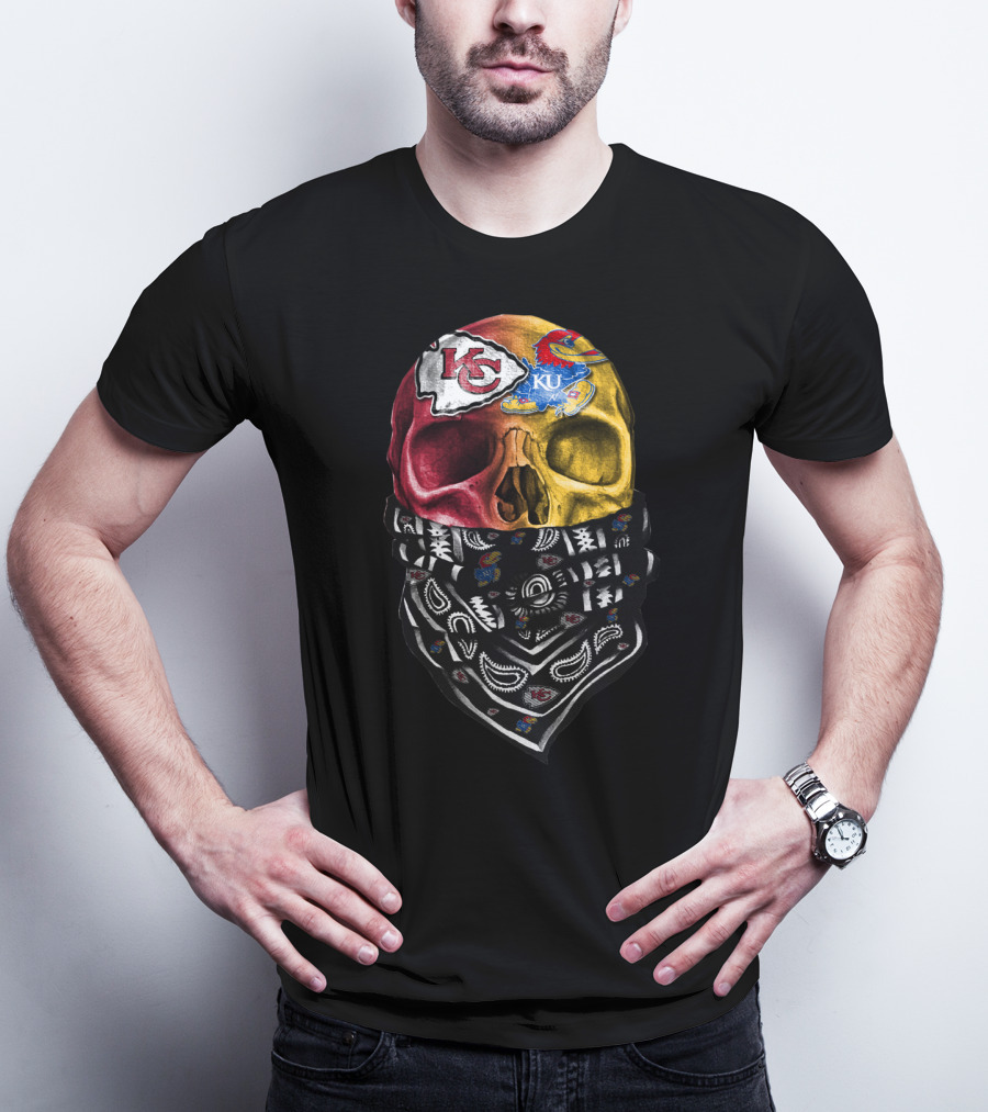 Kc Chiefs Ku Jayhawks Skull Bandana T-Shirt