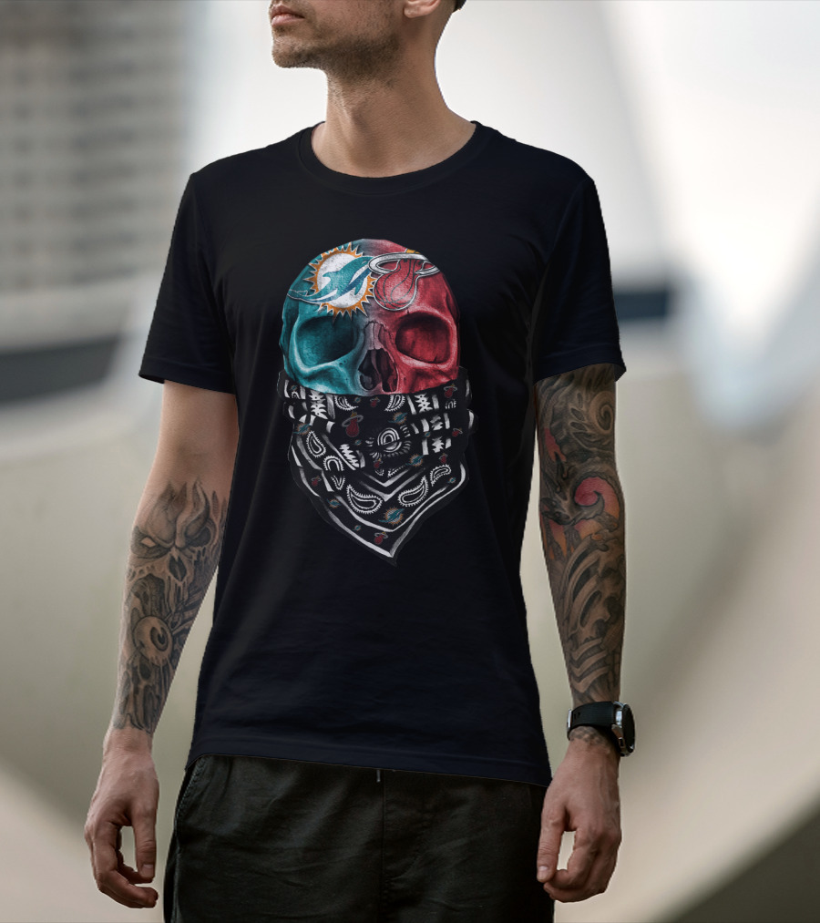 Miami Dolphins And Heat Skull Bandana Combination T-Shirt