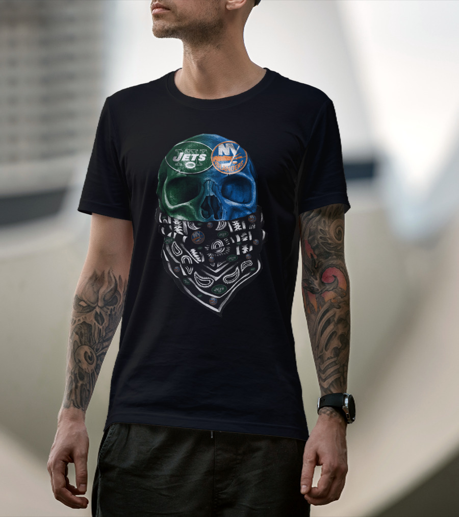 Ny Jets Islanders Dual Skull Bandana Sku 068 T-Shirt