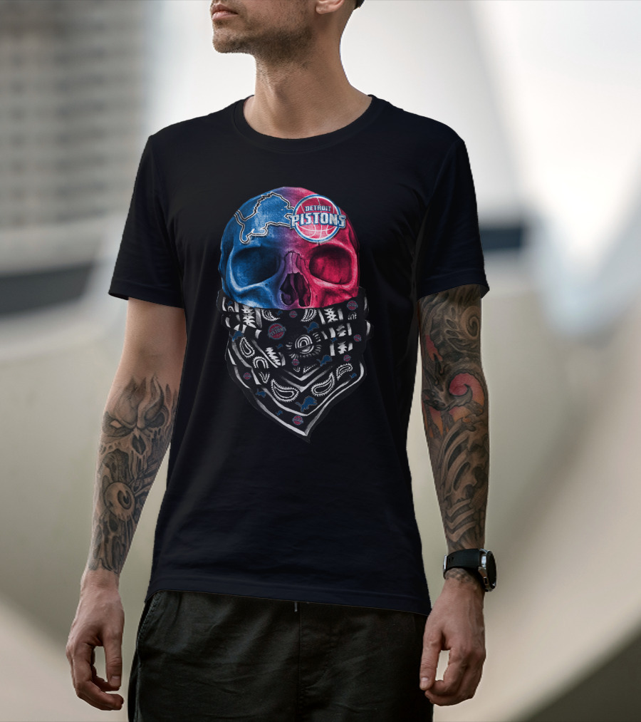Detroit Pistons Lions Bandana Skull T-Shirt