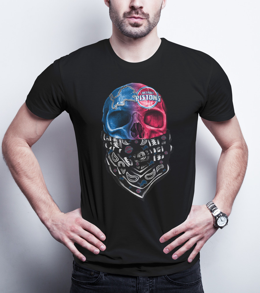 Detroit Pistons Lions Bandana Skull T-Shirt