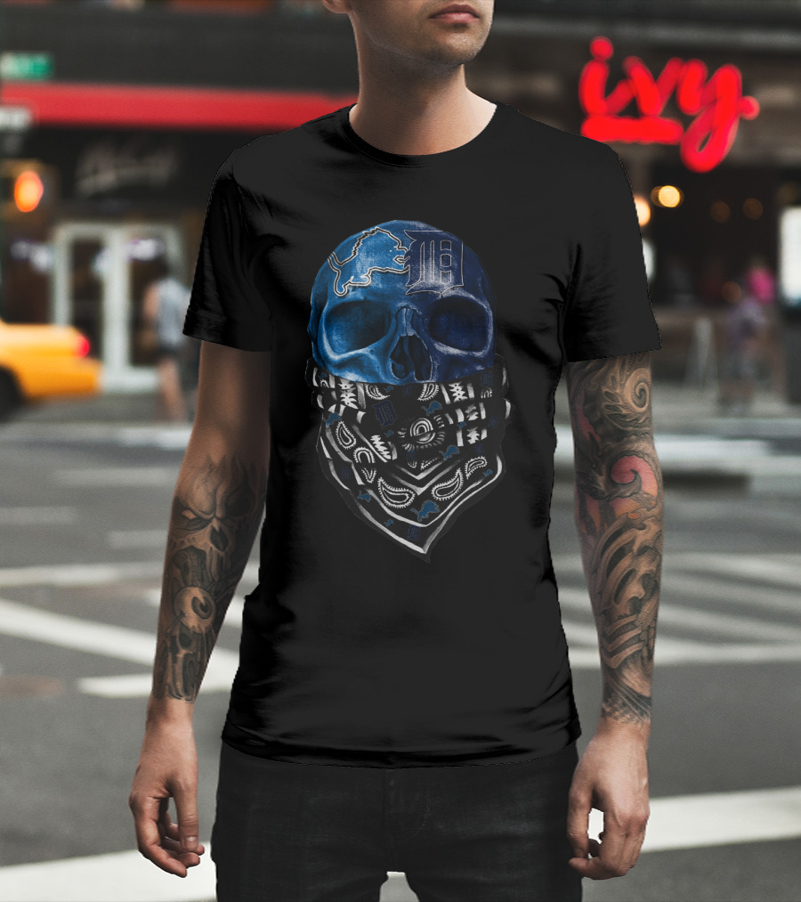 Detroit Lions And Tigers Skull Bandana Blue T-Shirt