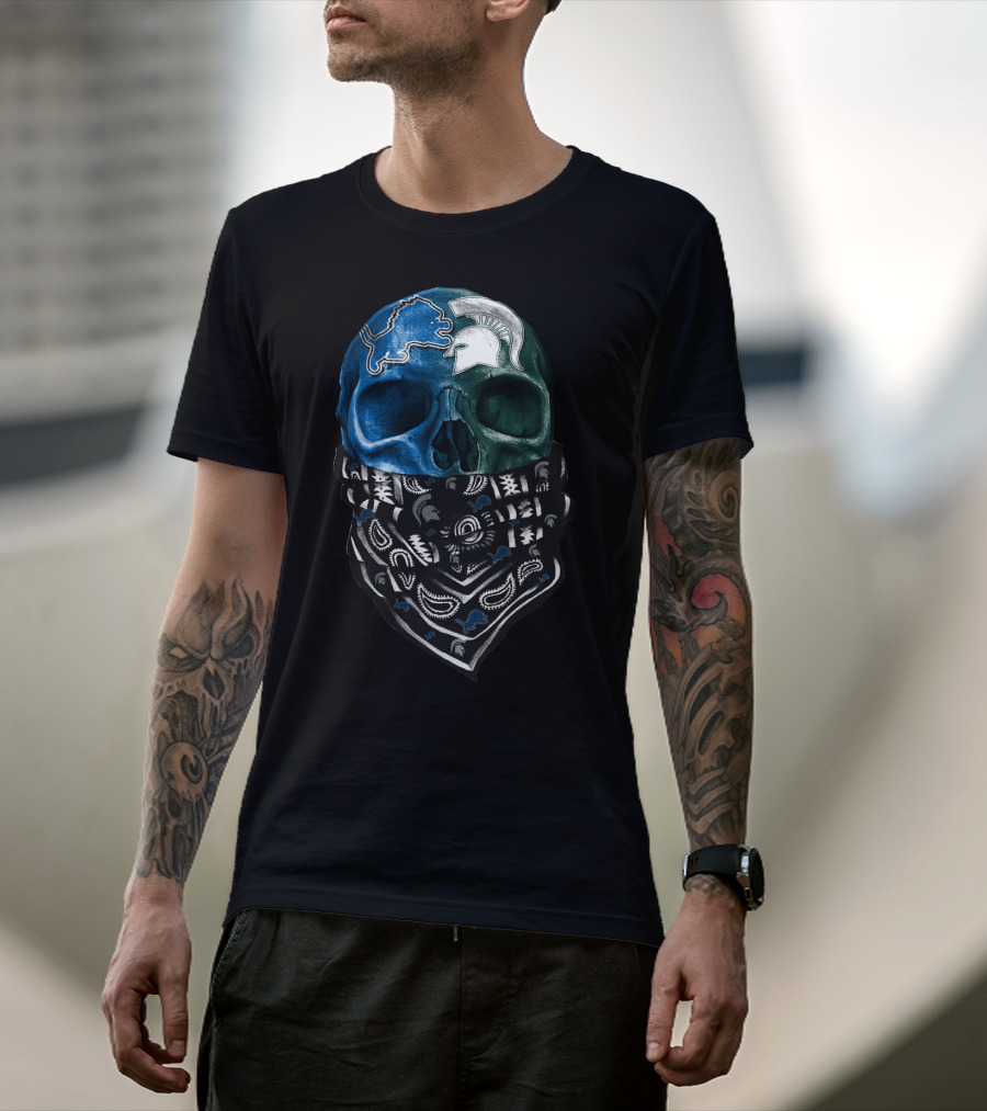 Detroit Lions Michigan State Spartans Skull Bandana T-Shirt