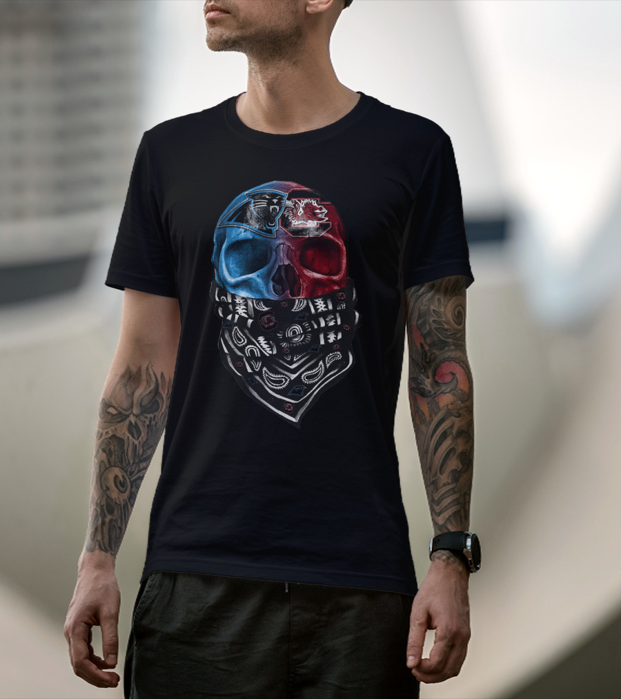Carolina Panthers And South Carolina Gamecocks Skull Bandana T-Shirt