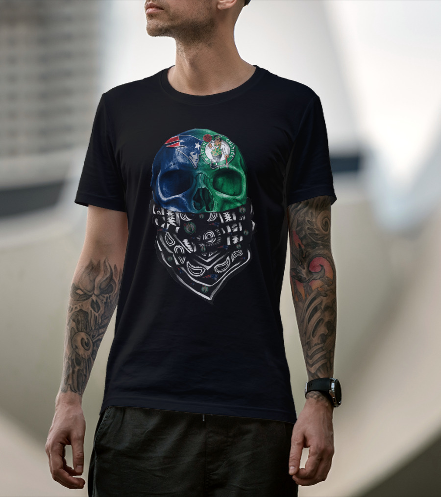 New England Patriots Boston Celtics Skull Bandana T-Shirt