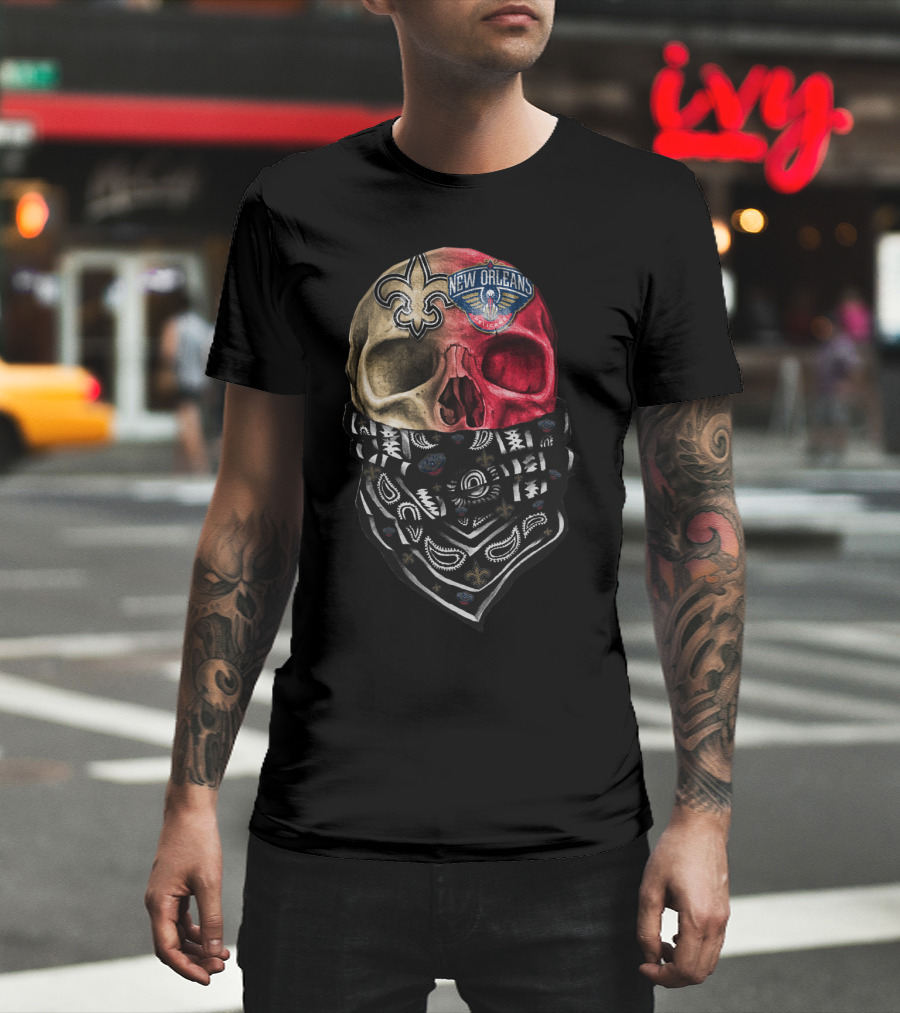 New Orleans Saints Pelicans Skull Bandana T-Shirt
