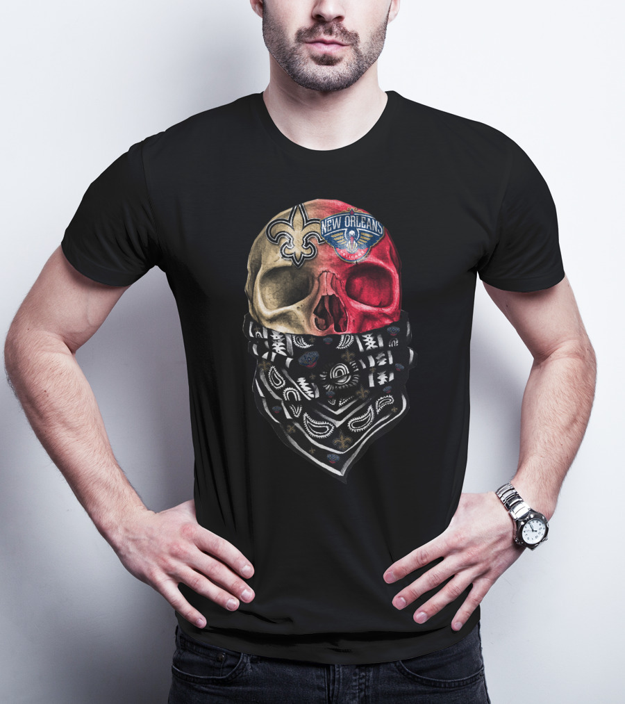 New Orleans Saints Pelicans Skull Bandana T-Shirt