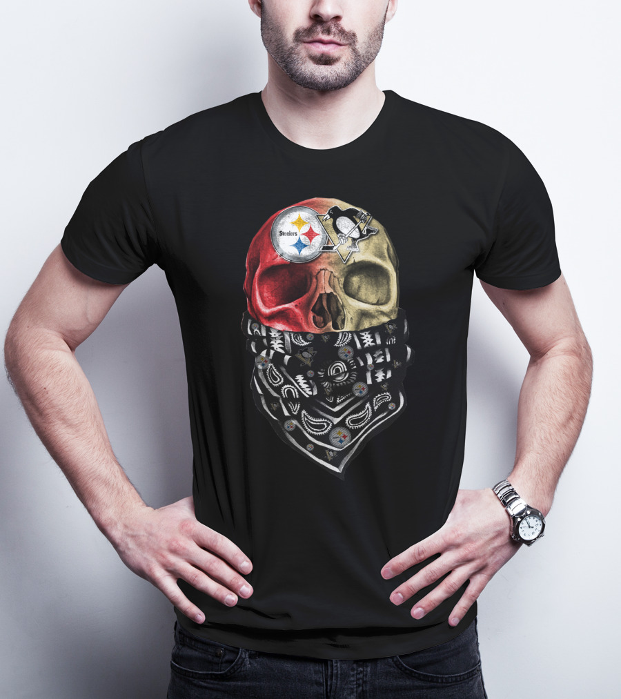 Steelers And Penguins Dual Skull Bandana Art On Sku 114 T-Shirt