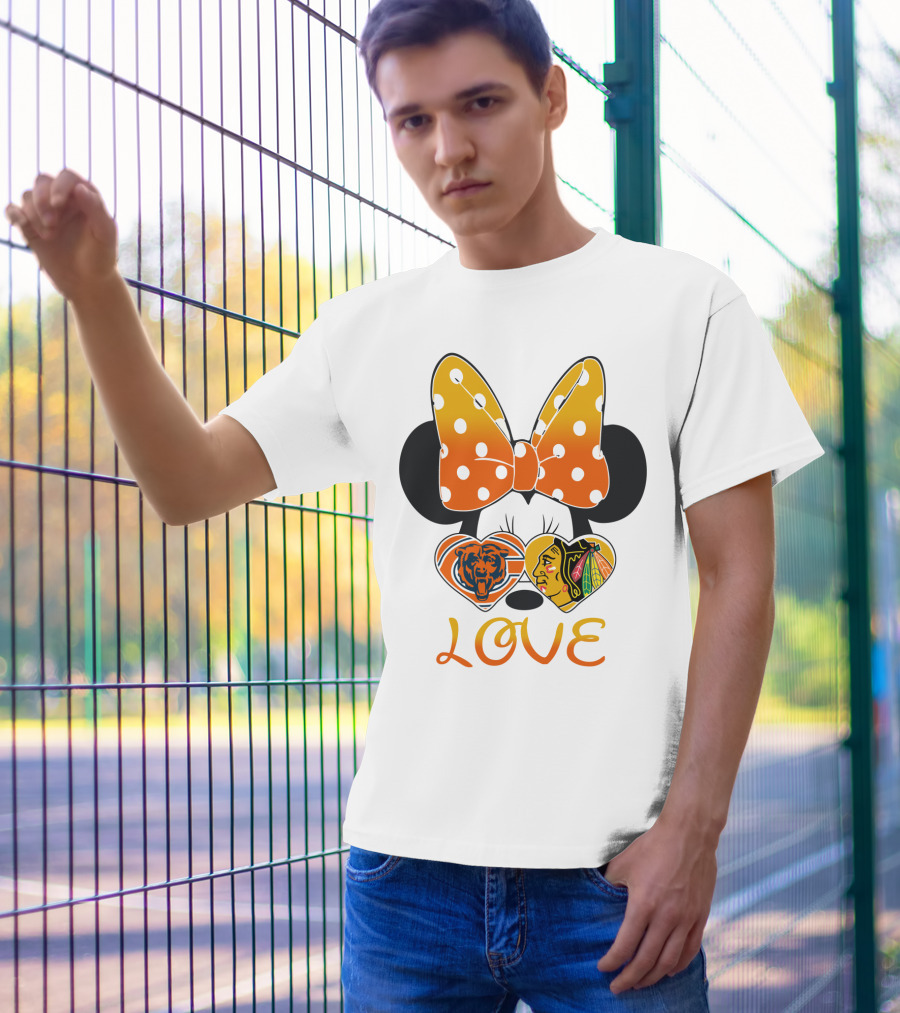 Minnie Mouse Love Chicago Bears Blackhawks Bow T-Shirt