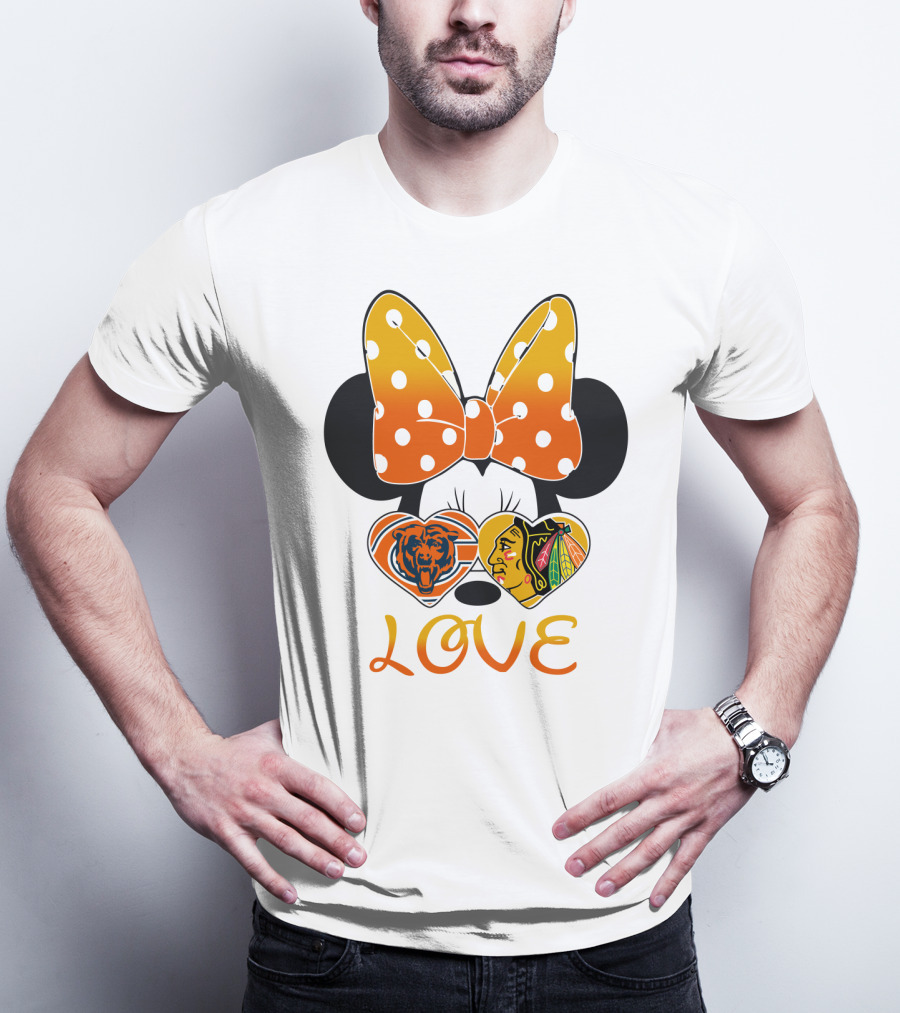Minnie Mouse Love Chicago Bears Blackhawks Bow T-Shirt