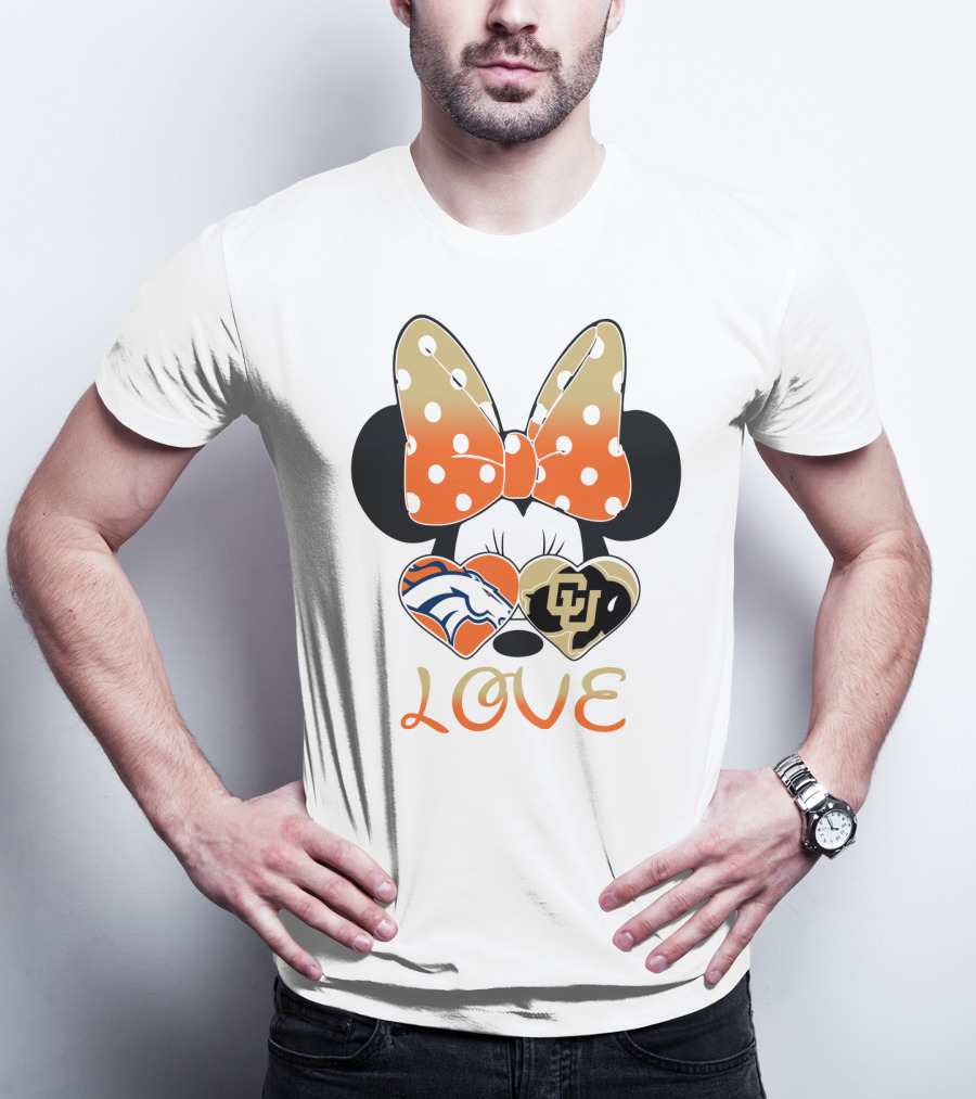 Love Minnie Mouse Orange Bow Denver Broncos University Of Colorado Buffaloes Hearts T-Shirt