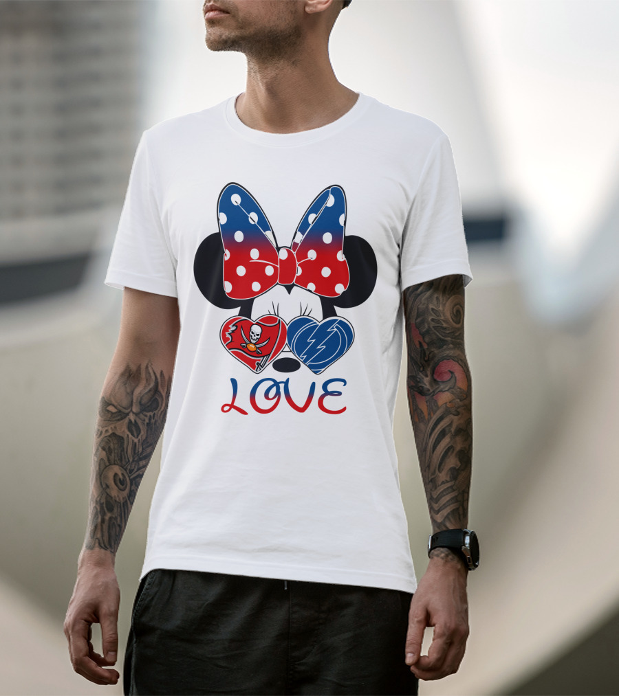 Love Minnie Bow Red And Blue Hearts With Buccaneers And Lightning Logos T-Shirt