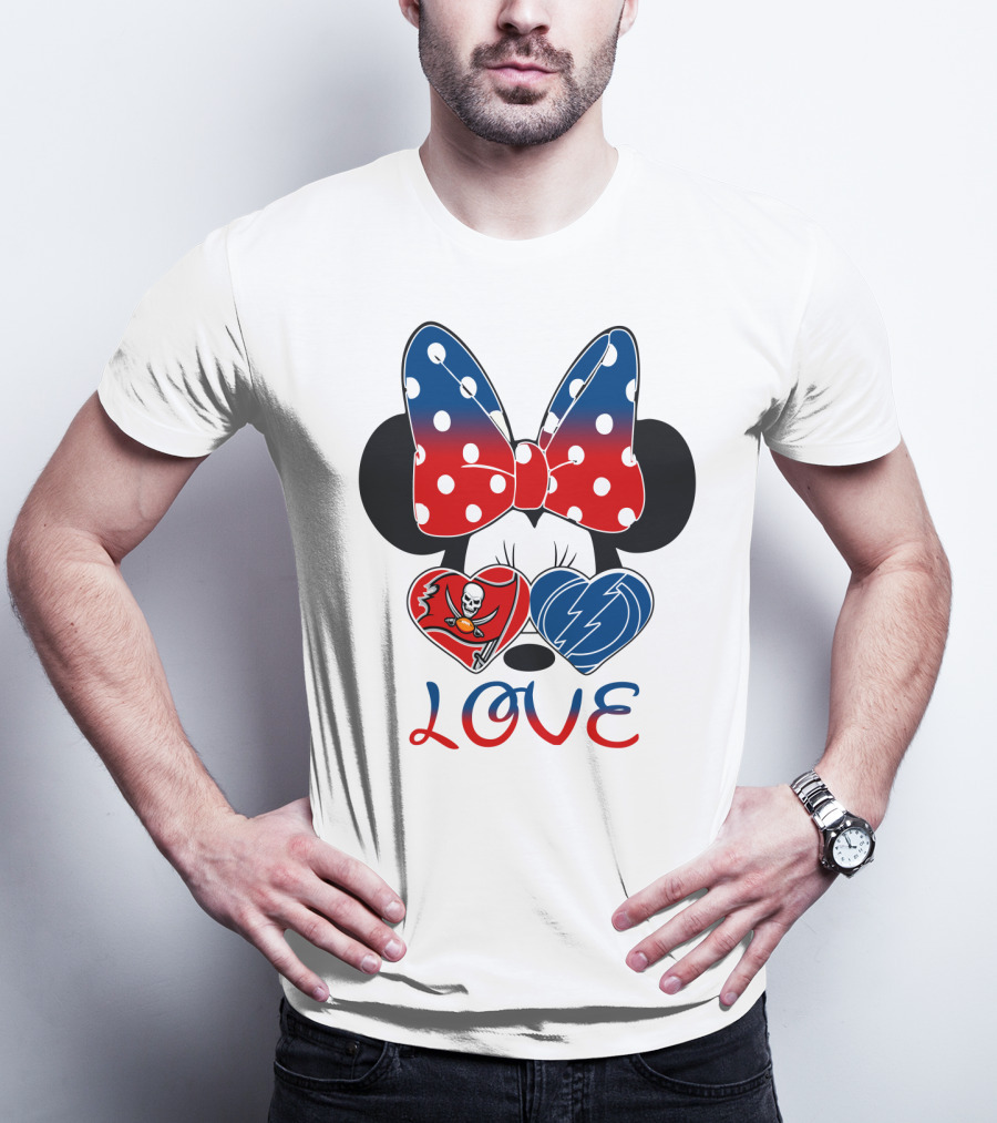 Love Minnie Bow Red And Blue Hearts With Buccaneers And Lightning Logos T-Shirt