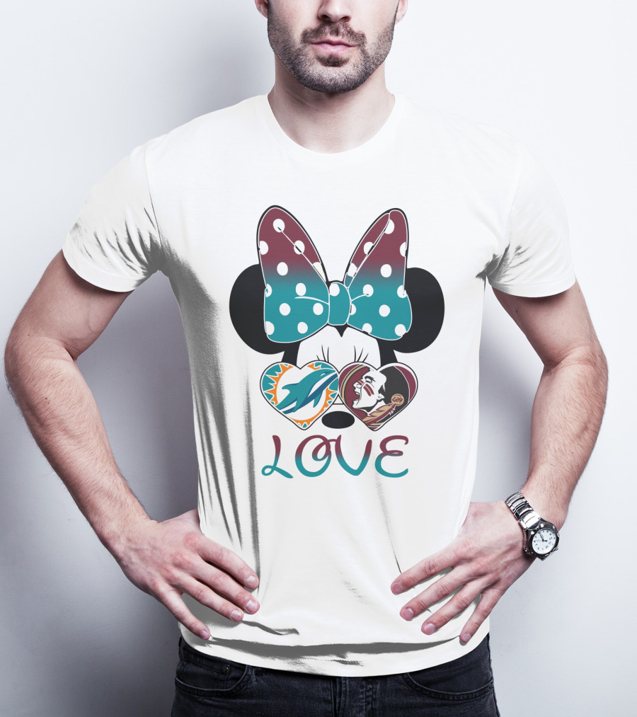 Love Minnie Bow Miami Dolphins Florida State Seminoles Hearts T-Shirt