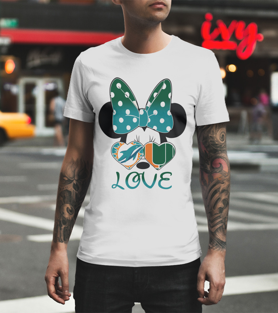Miami Dolphins Hurricanes Love Minnie Mouse Polka Dot Bow T-Shirt