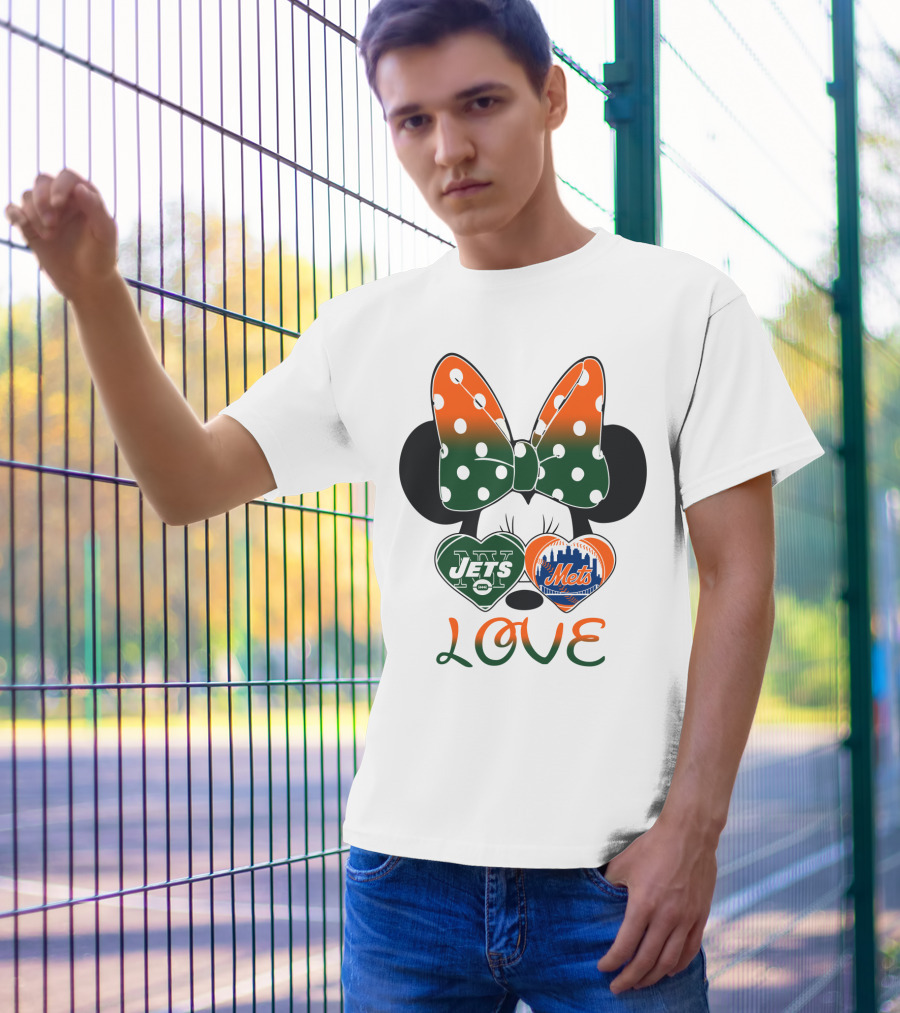 Love Ny Jets Mets Minnie Bow Hearts T-Shirt