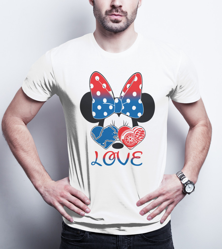 Love Minnie Mouse Detroit Lions Red Wings Bow Hearts T-Shirt