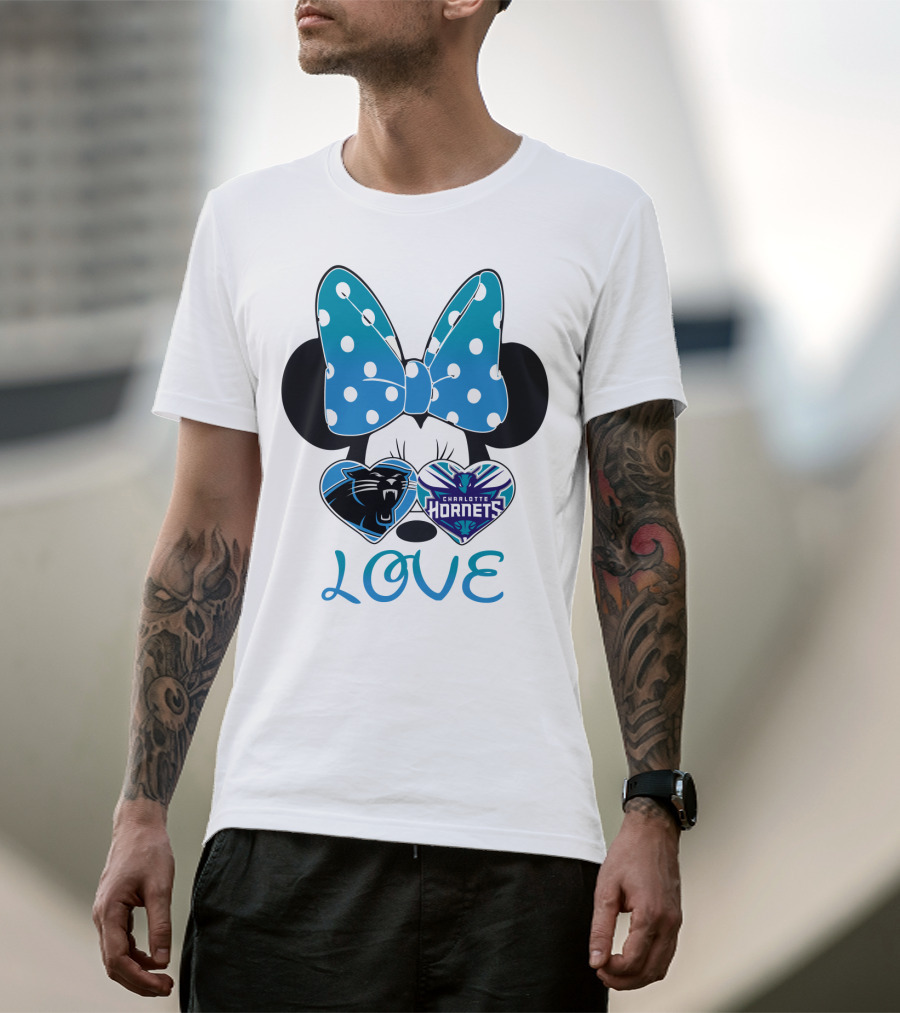 Minnie Mouse Love Carolina Panthers Charlotte Hornets Bow Hearts T-Shirt