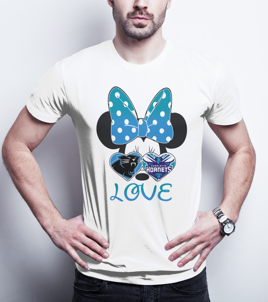 Minnie Mouse Love Carolina Panthers Charlotte Hornets Bow Hearts T-Shirt