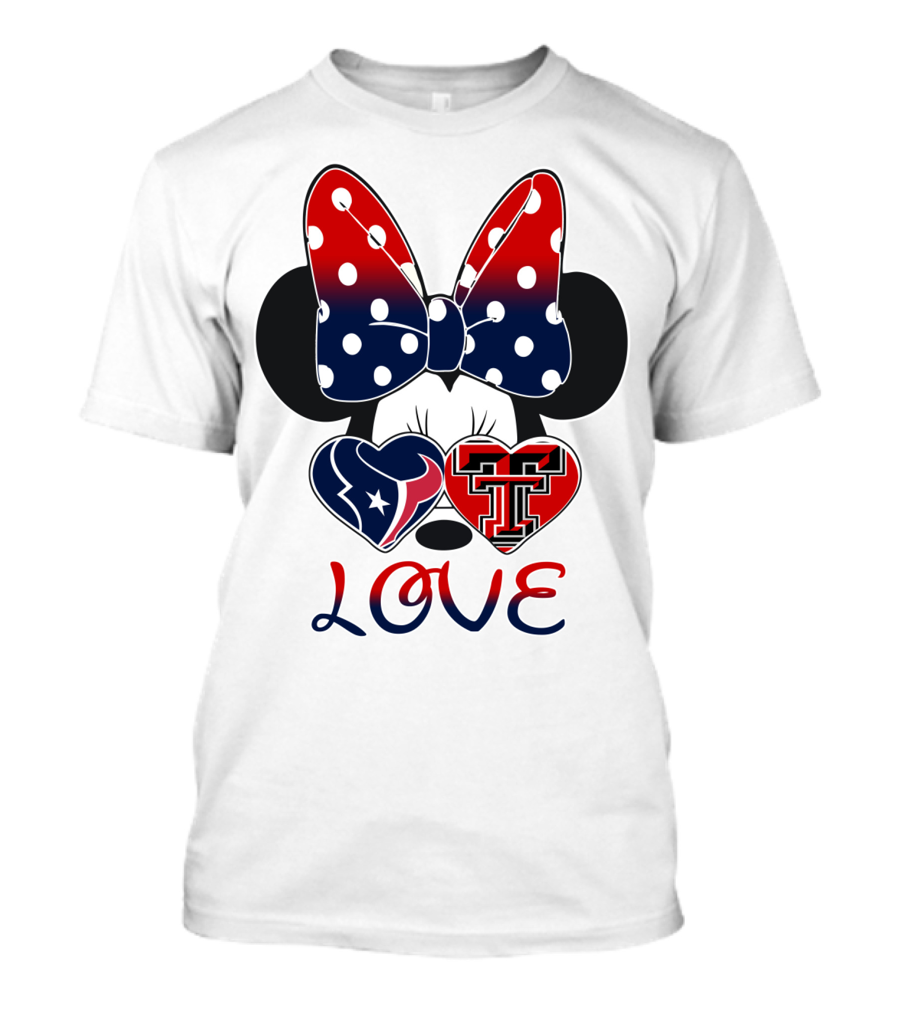 Minnie Mouse Love Texans And Texas Tech Hearts Bow T-Shirt