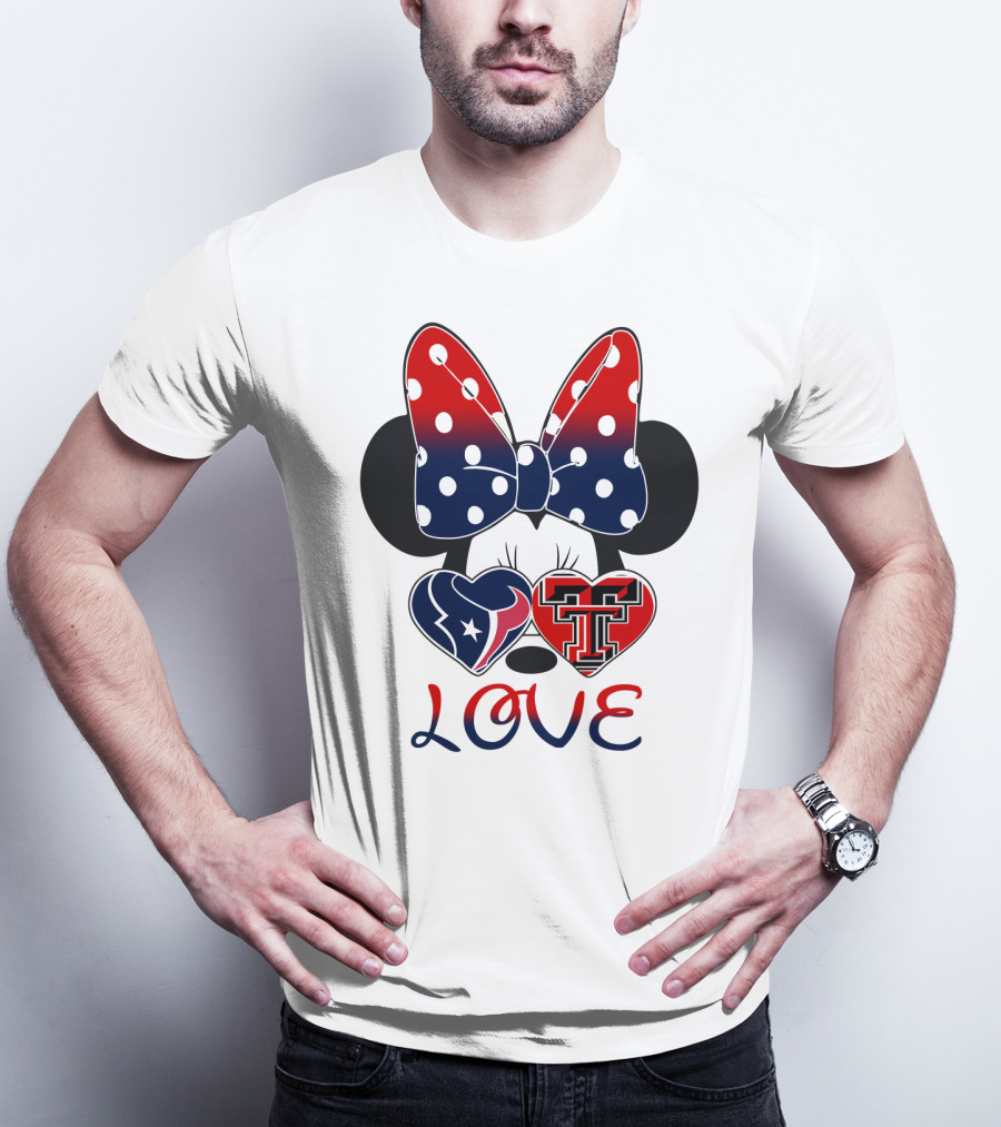 Minnie Mouse Love Texans And Texas Tech Hearts Bow T-Shirt