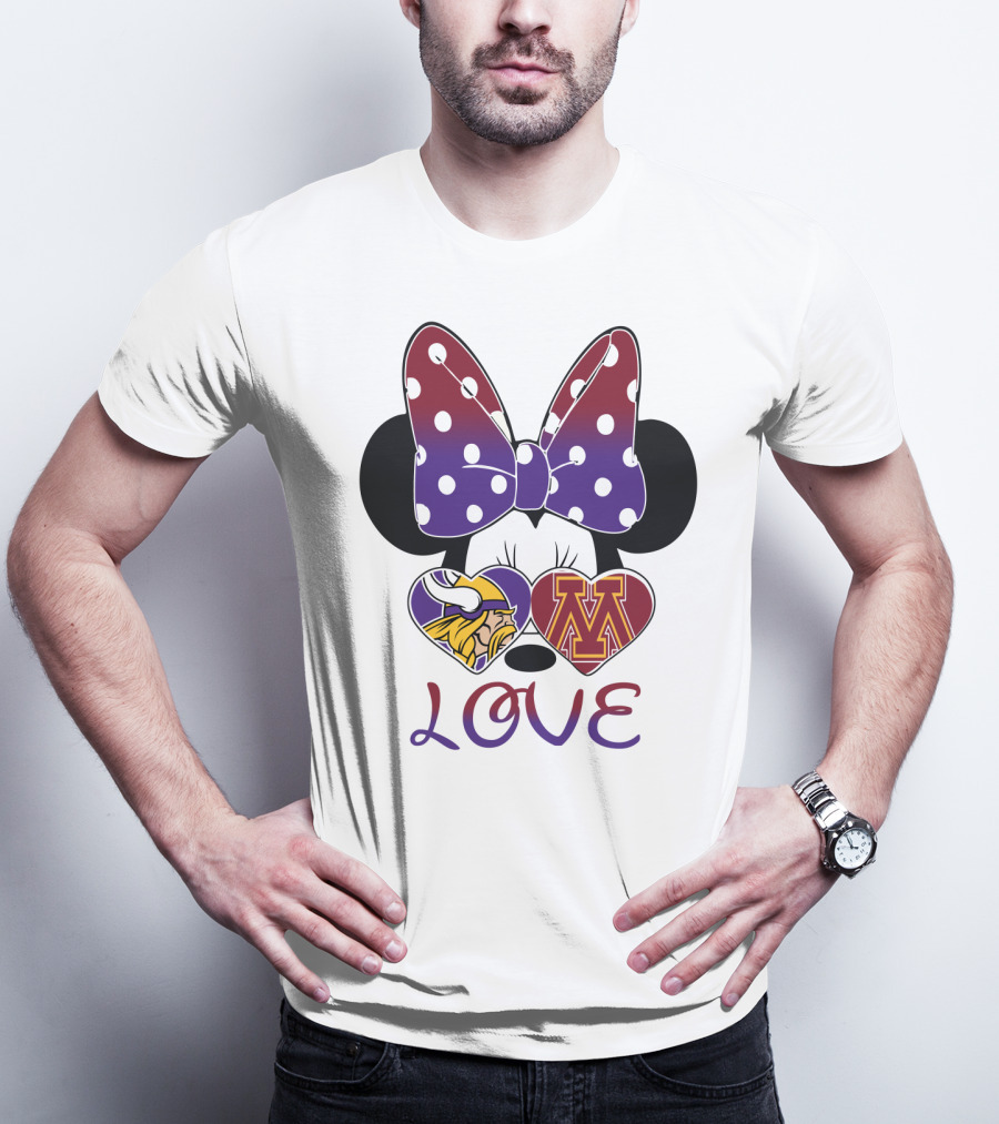 Minnie Mouse Bow Love Vikings Minnesota U Logo Hearts T-Shirt