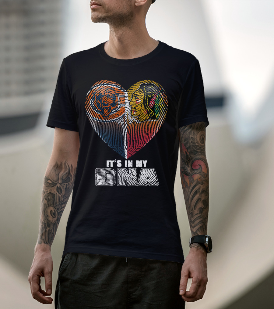 It's In My Dna Chicago Bears Blackhawks Fingerprint Heart T-Shirt
