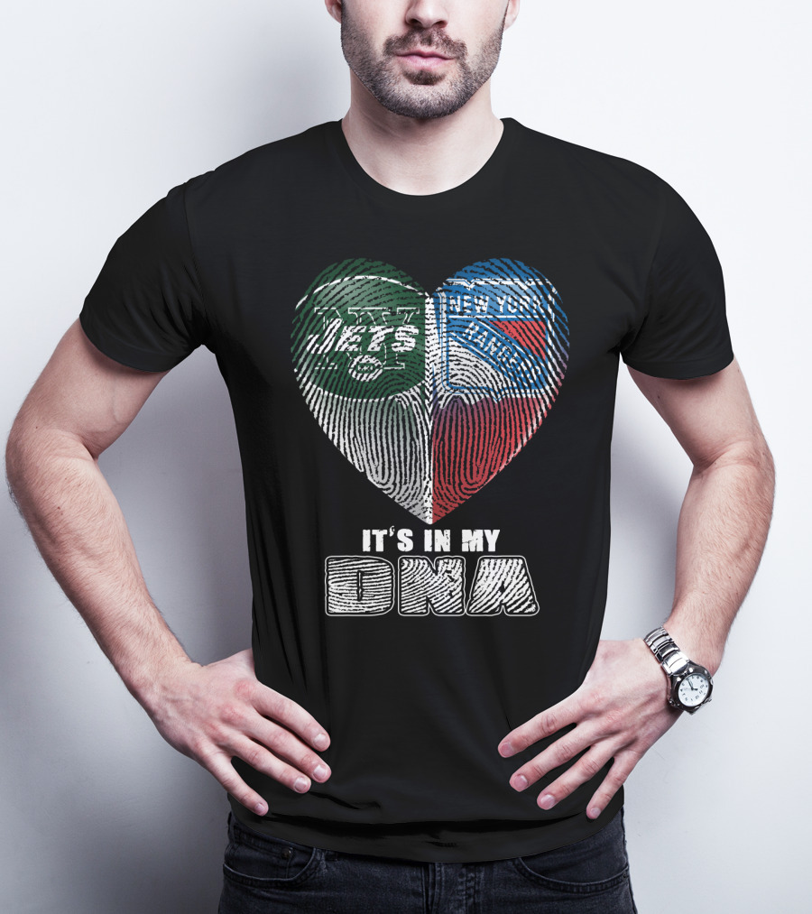 New York Jets And Rangers It's In My Dna Heart Fingerprint T-Shirt