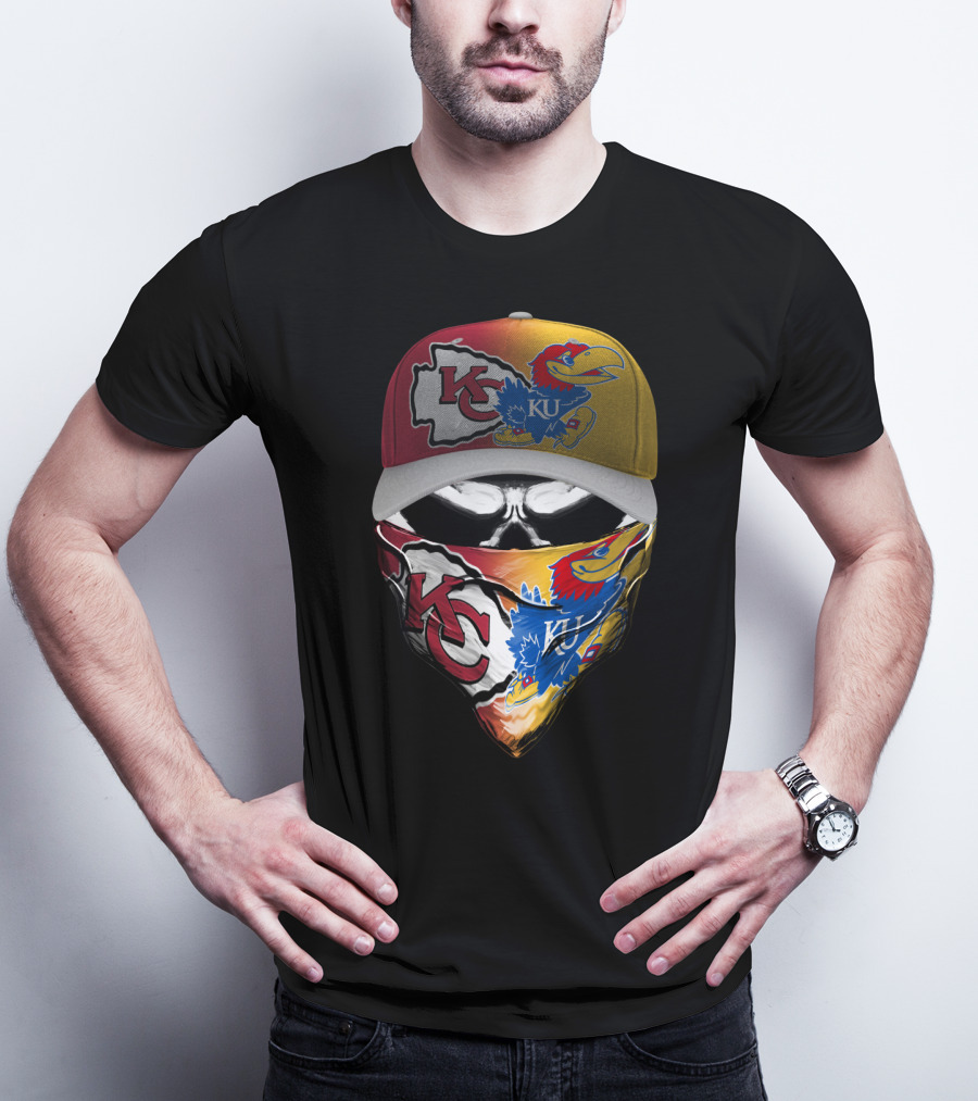 Kansas City Chiefs And Kansas Jayhawks Skull Bandana Hat Fusion T-Shirt