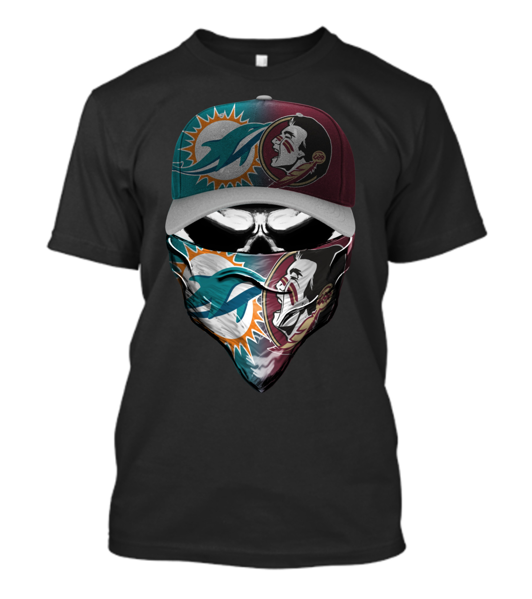 Miami Dolphins Florida State Seminoles Skull Headwear T-Shirt