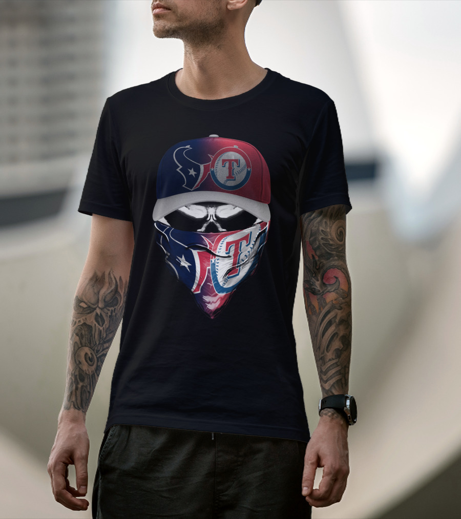 Houston Texans And Texas Rangers Skull Bandana Hat Dual Theme T-Shirt