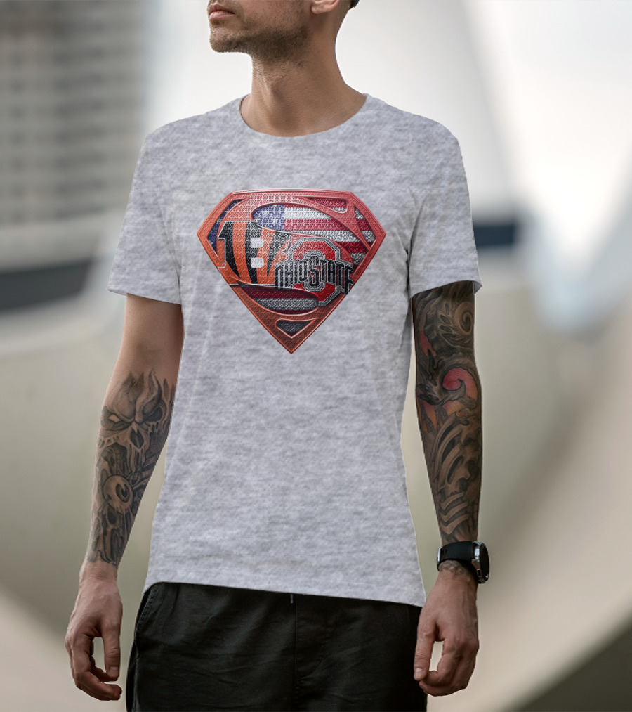 Superman Shield With Cincinnati Bengals Tiger Stripes Ohio State Logo And American Flag T-Shirt